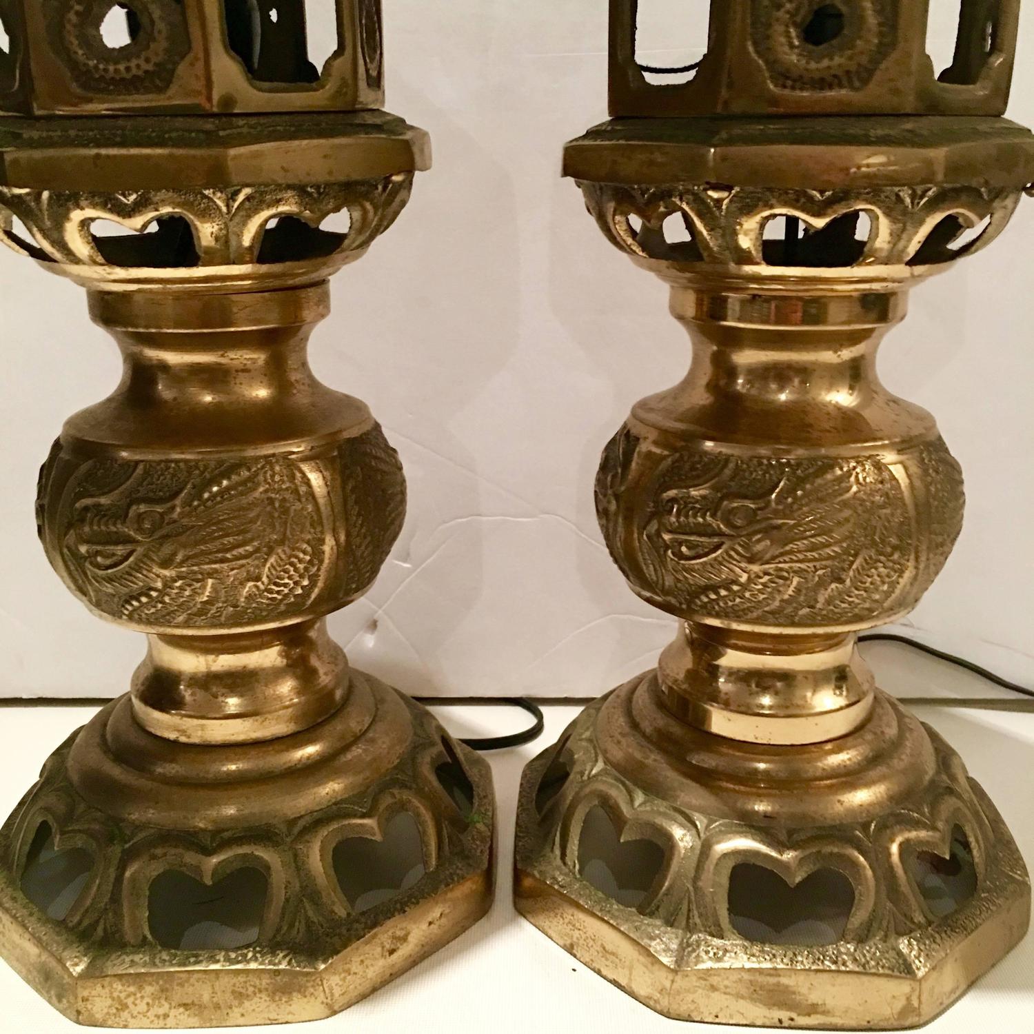 Vintage Chinese Brass Pagoda Temple Table Lamp, Pair For Sale at 1stdibs