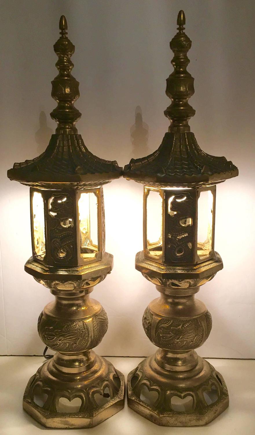 Vintage Chinese Brass Pagoda Temple Table Lamp, Pair For Sale at 1stdibs