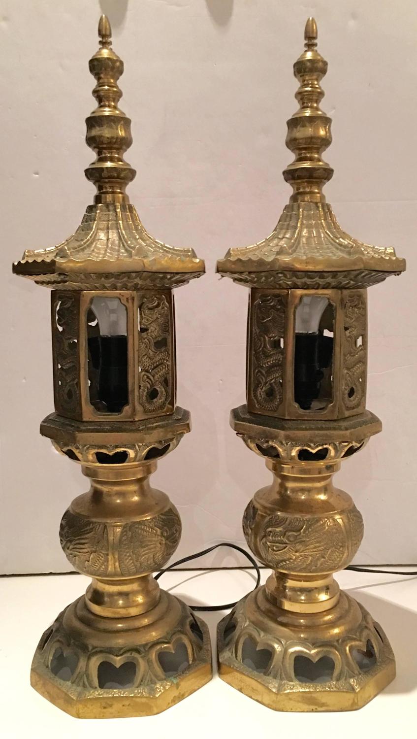 Vintage Chinese Brass Pagoda Temple Table Lamp, Pair For Sale at 1stdibs