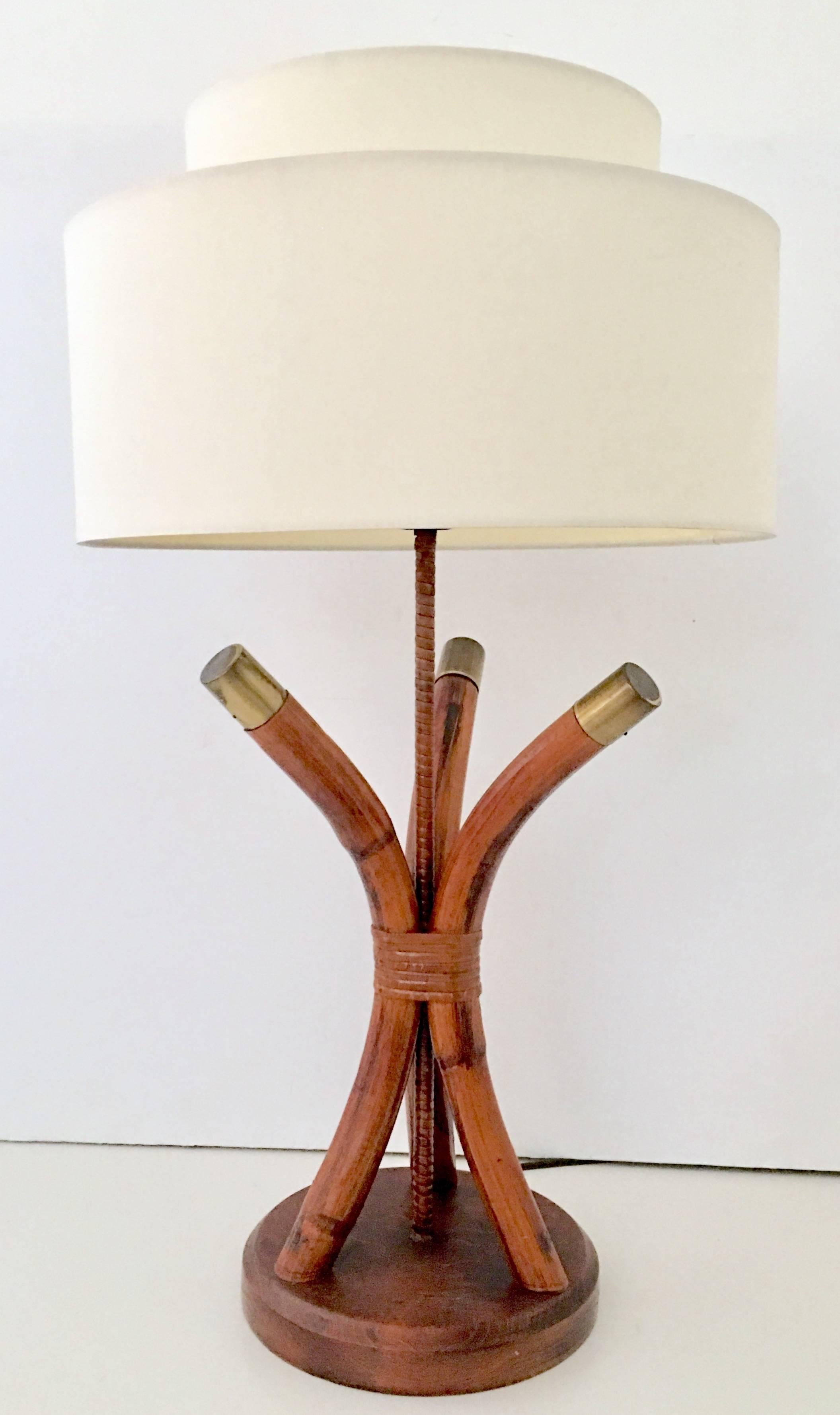 Mid-Century Rattan and Brass Leather Wrap Lamp By Ficks Reed at 1stDibs
