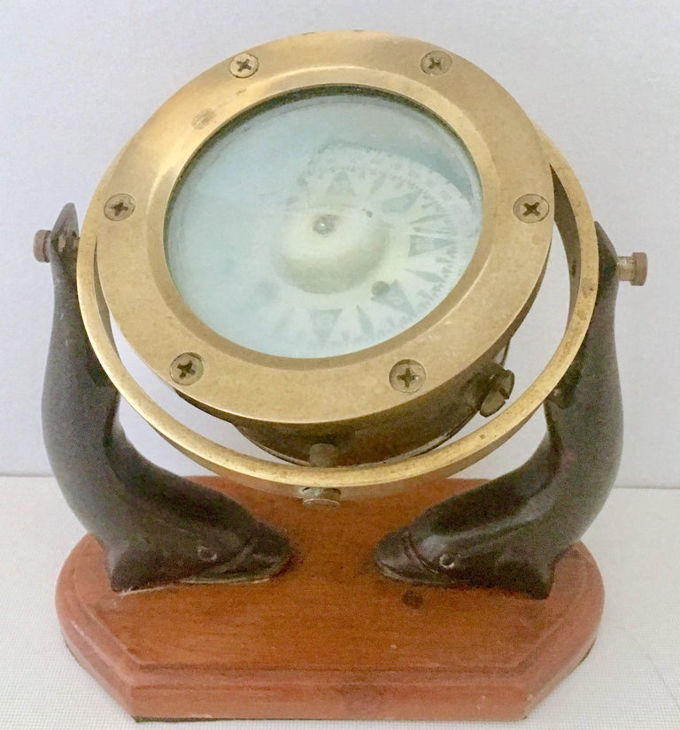 Antique Brass Liquid Nautical Ships Compass Double Dolphin and Wood ...