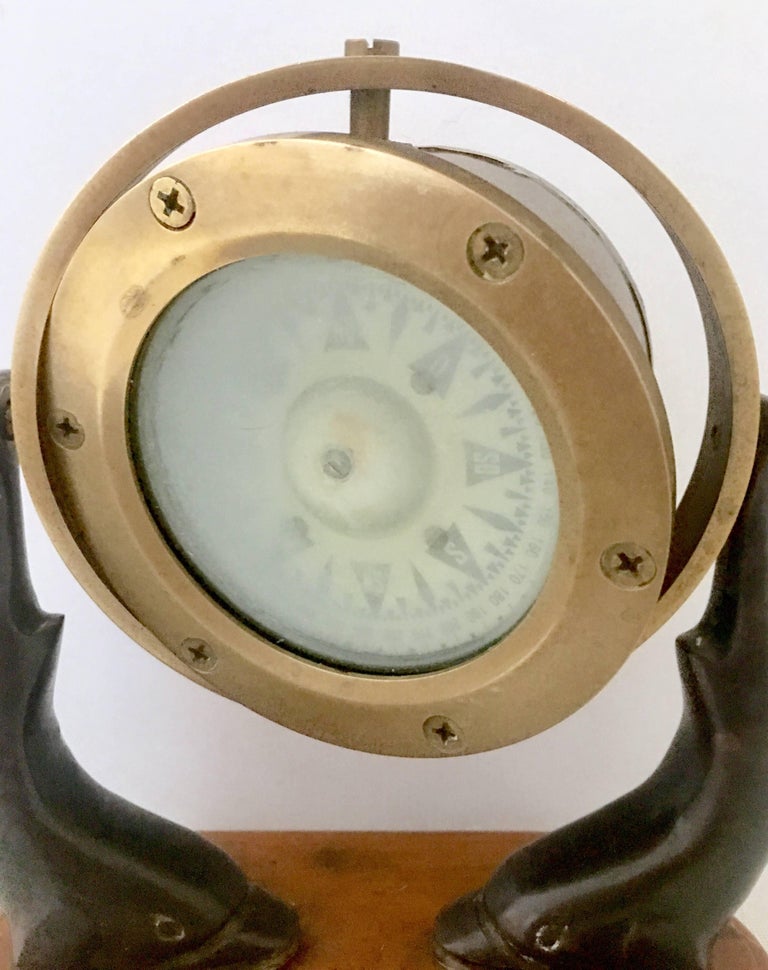 Antique Brass Liquid Nautical Ships Compass Double Dolphin and Wood ...