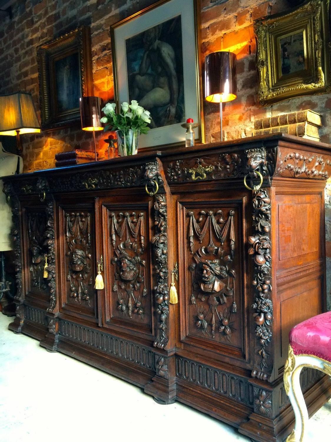 Antique Flemish Gothic Sideboard Credenza Victorian Oak Buffet 19th ...