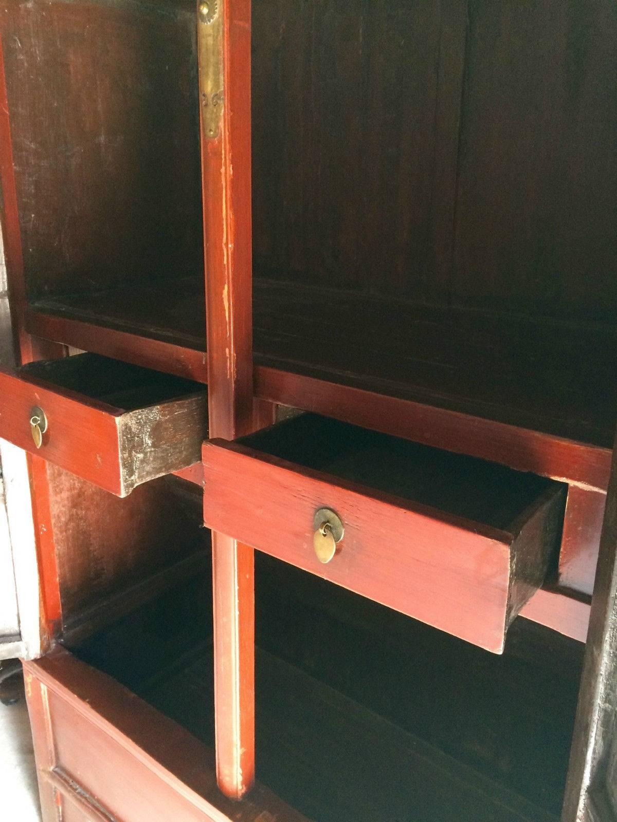 Antique Oriental Chinese Red Lacquer Hall Cabinet Cupboard at 1stDibs
