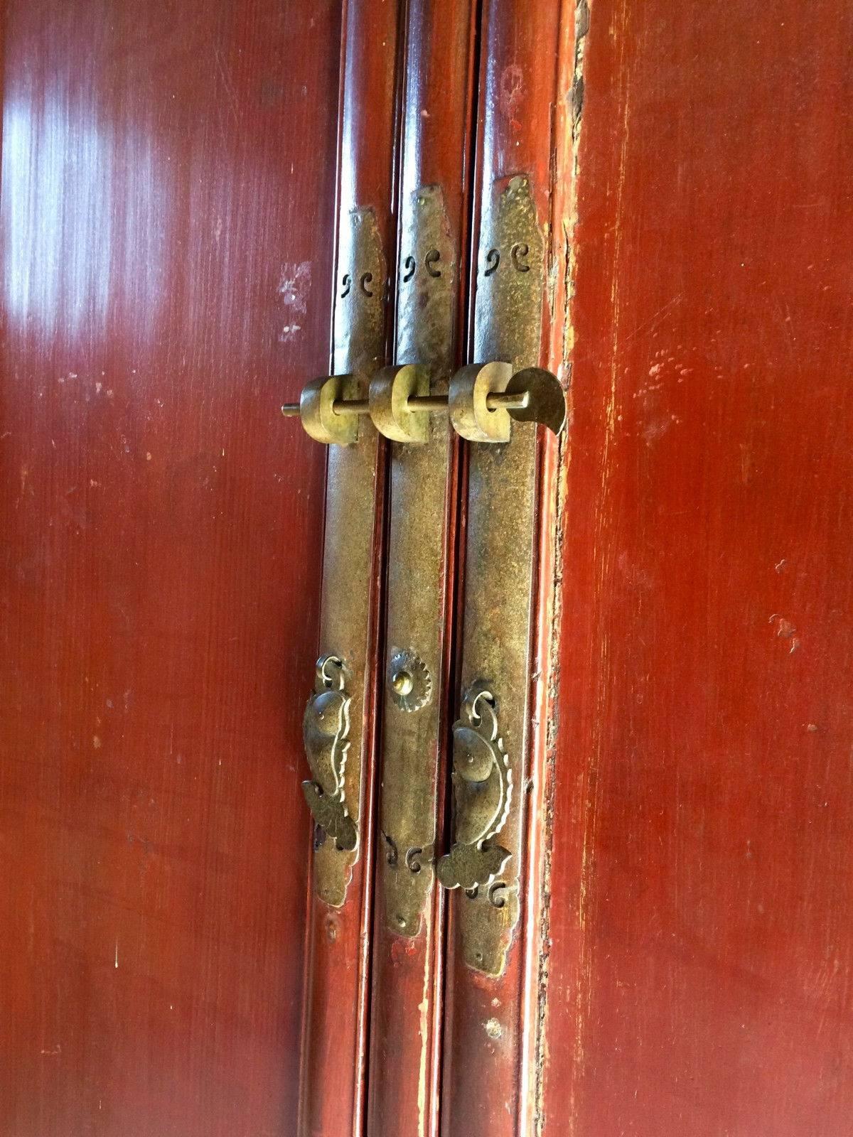 Antique Oriental Chinese Red Lacquer Hall Cabinet Cupboard at 1stDibs