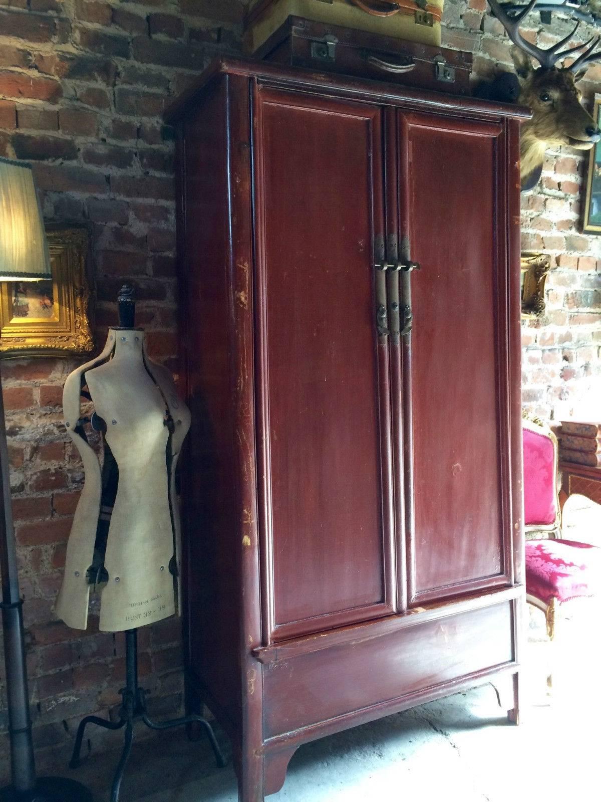 Antique Oriental Chinese Red Lacquer Hall Cabinet Cupboard at 1stDibs