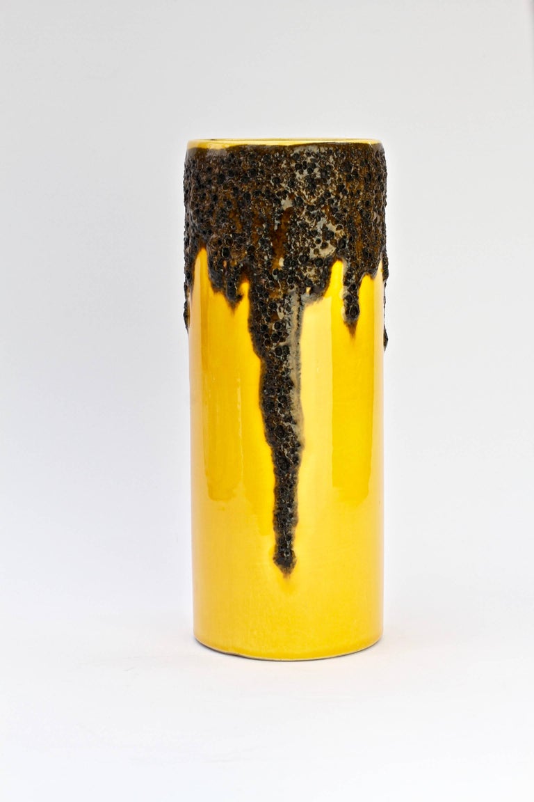 1970s Bright Yellow West German Pottery Fohr Vase with Black Lava Glaze ...