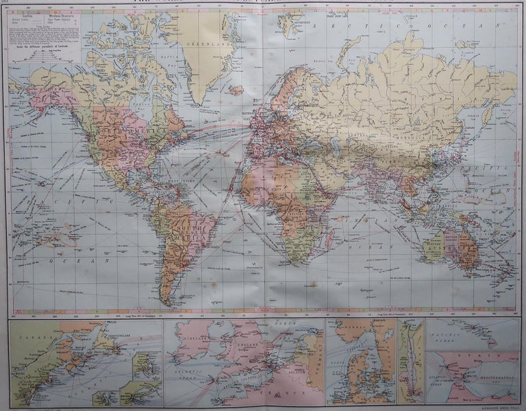 Large Original Vintage Map of The World, circa 1920 For Sale at 1stDibs