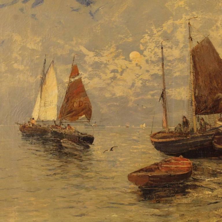 19th Century Dutch Seascape Painting with Golden Frame For Sale at 1stDibs