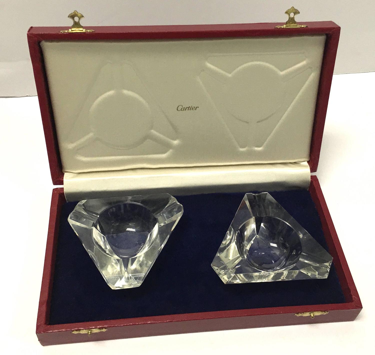 Pair of Cartier Crystal Ashtrays in Red Cartier Box For Sale at 1stdibs