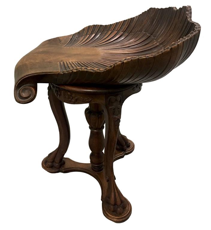 19th Century Italian Grotto Shell Carved Walnut Stool at 1stDibs