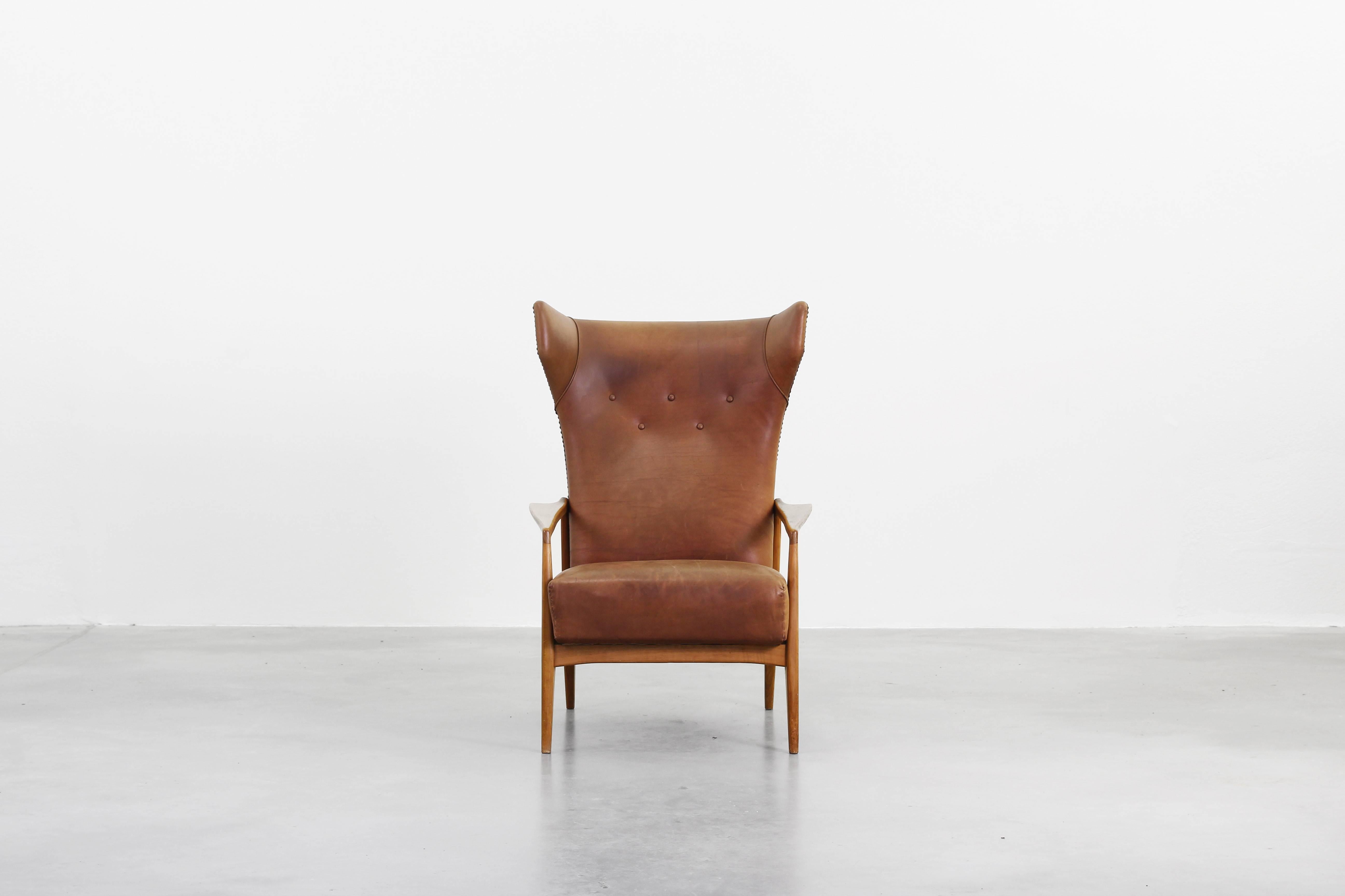 Beautiful Leather Lounge Wing Chair, German Design at 1stDibs