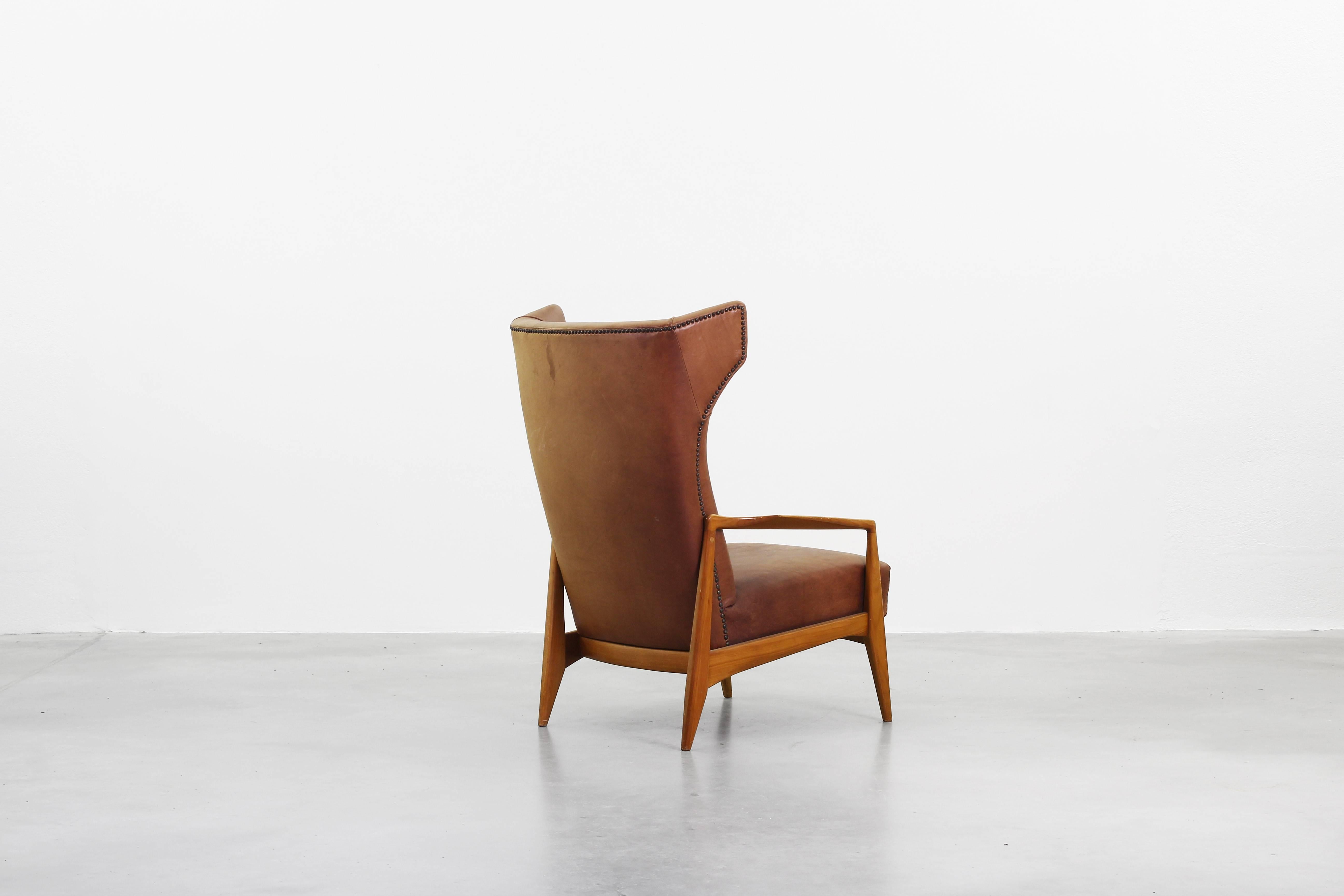 Beautiful Leather Lounge Wing Chair, German Design at 1stDibs