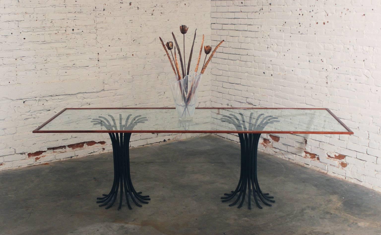 Double Iron Pedestal Glass Top Dining Table Hollywood Regency at 1stDibs