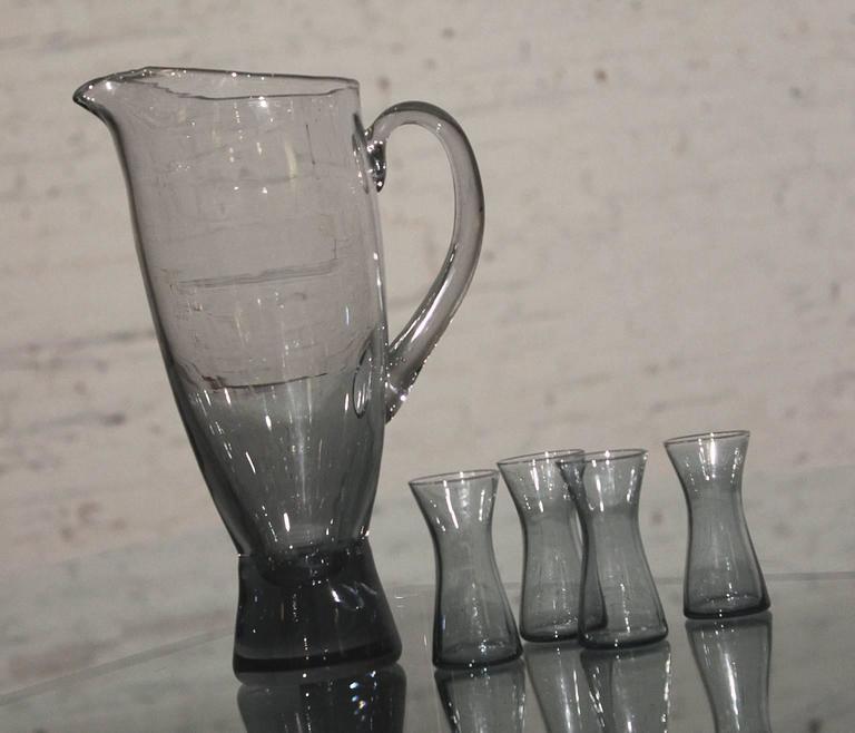 Mid-Century Modern Scandinavian Glass Smoke Grey Pitcher and Cordials ...
