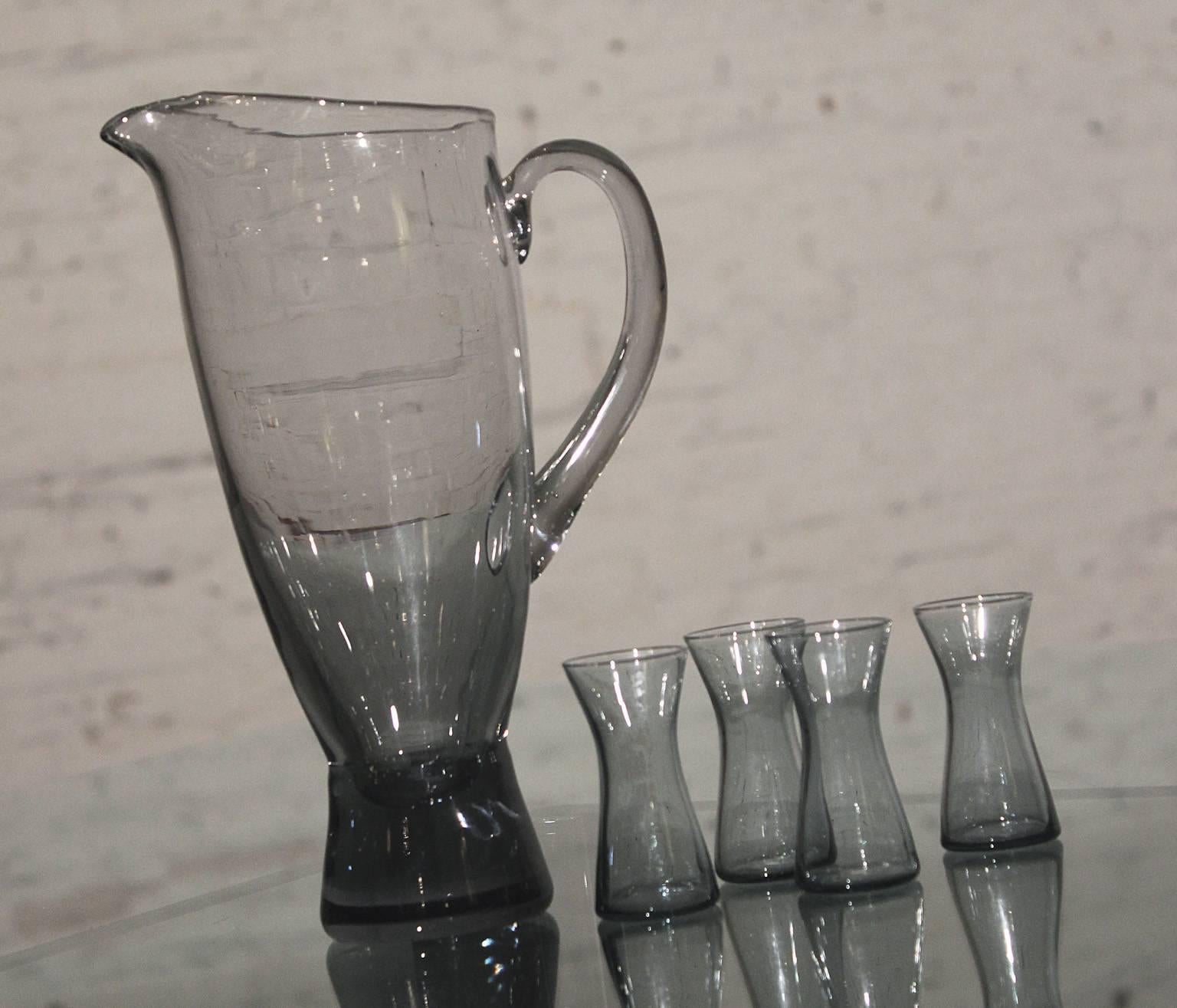 Mid-Century Modern Scandinavian Glass Smoke Grey Pitcher and Cordials ...
