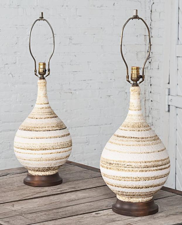 Vintage Pair of Mid-Century Modern Horizontal Striped Ceramic Lamps at ...