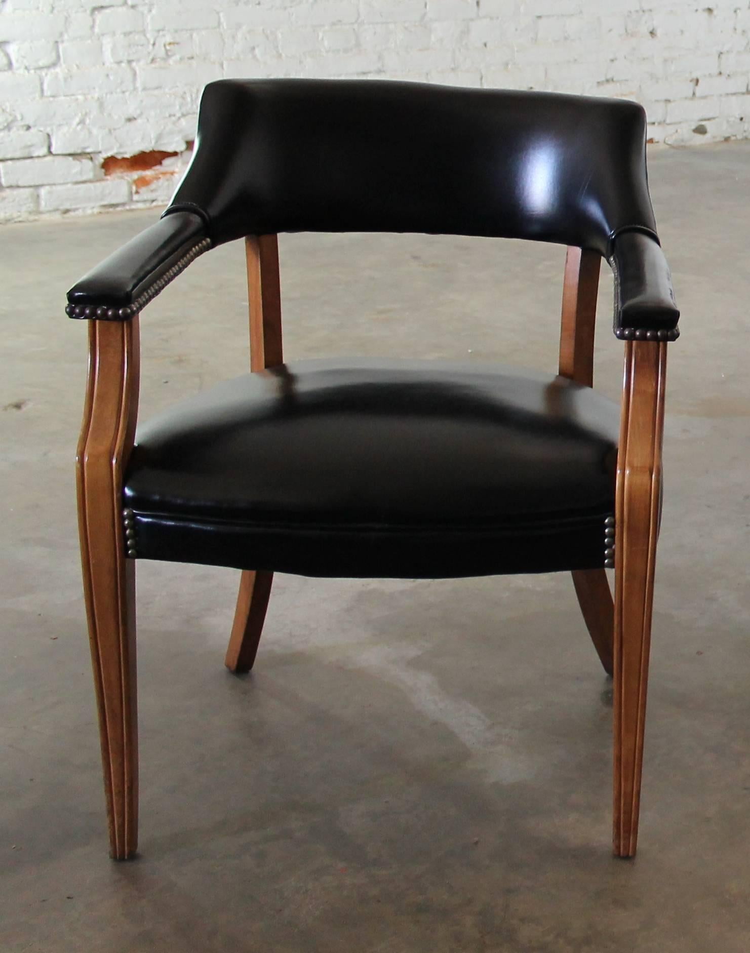 Vintage Walnut and Black Faux Leather Captain Chairs with Nailhead ...