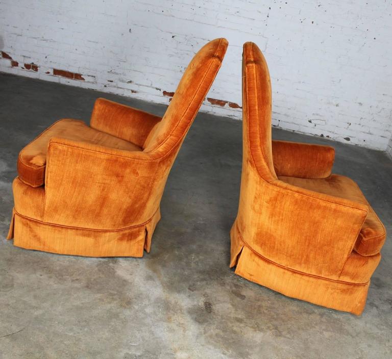 Vintage Hollywood Regency Orange Velvet High Back Pair of Chairs by Perfection