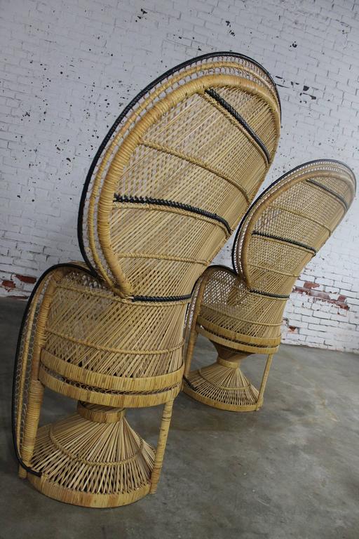 Pair of Wicker Rattan Peacock Fan Back Chairs and Side Table Vintage ...
