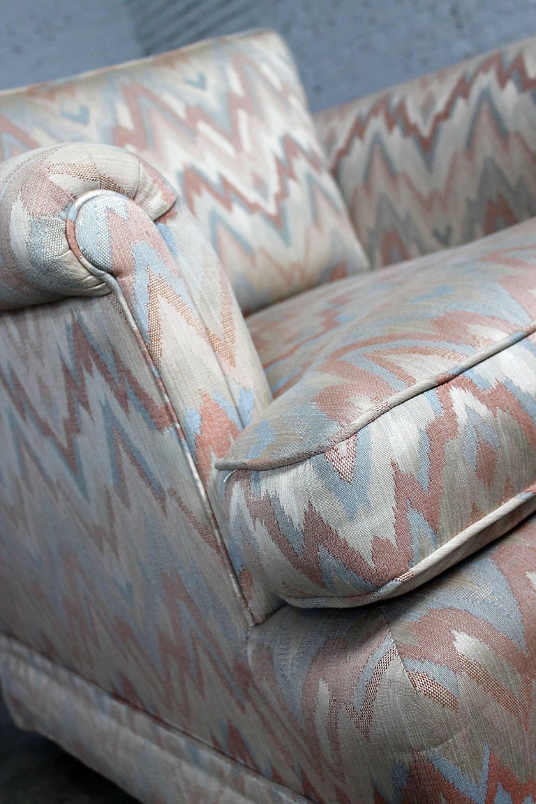Tuxedo Style Skirted Lounge Chair with Rolled Arms and Flame Stitch ...
