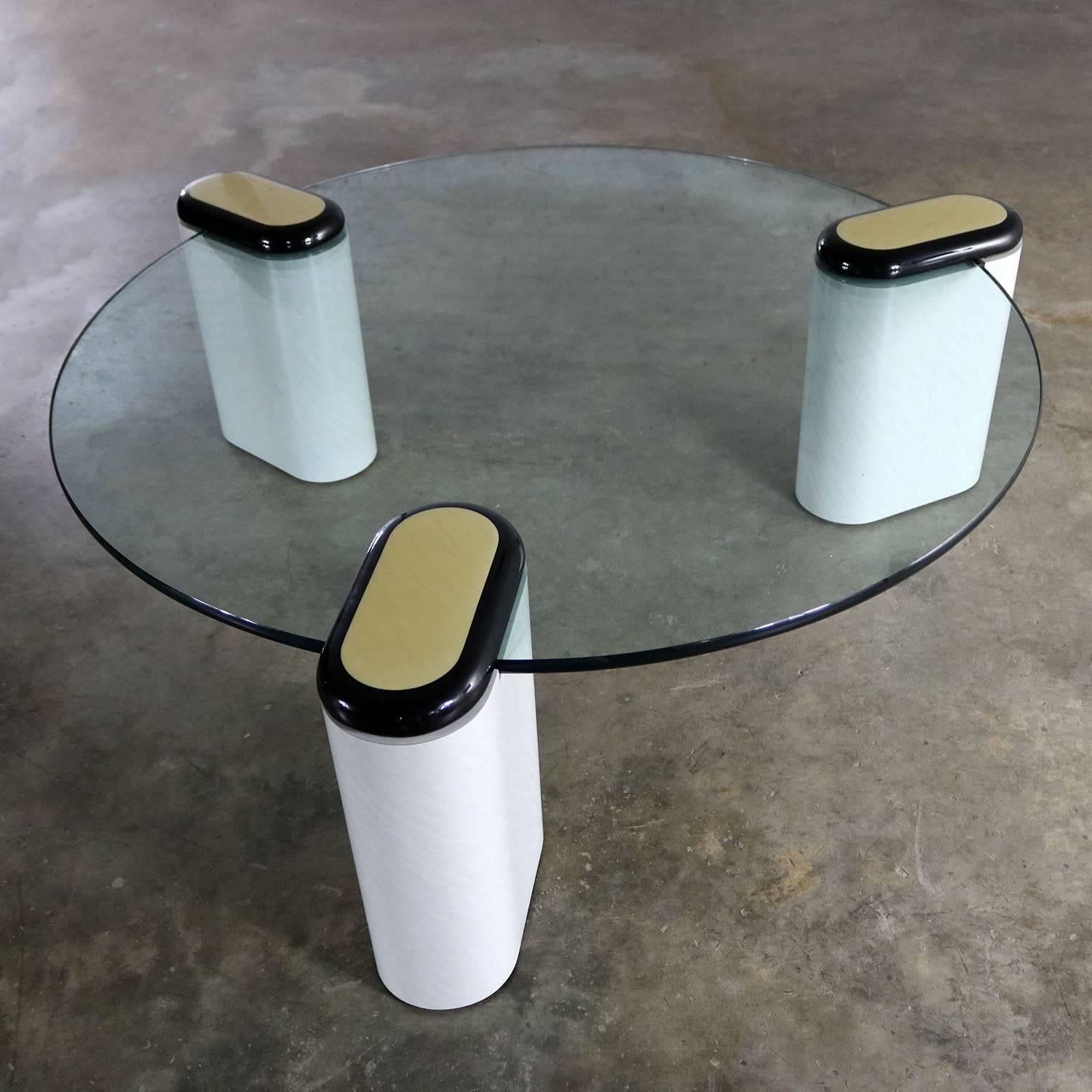 Karl Springer Style Minimalist Tri-Legged Coffee Table with Round Glass ...
