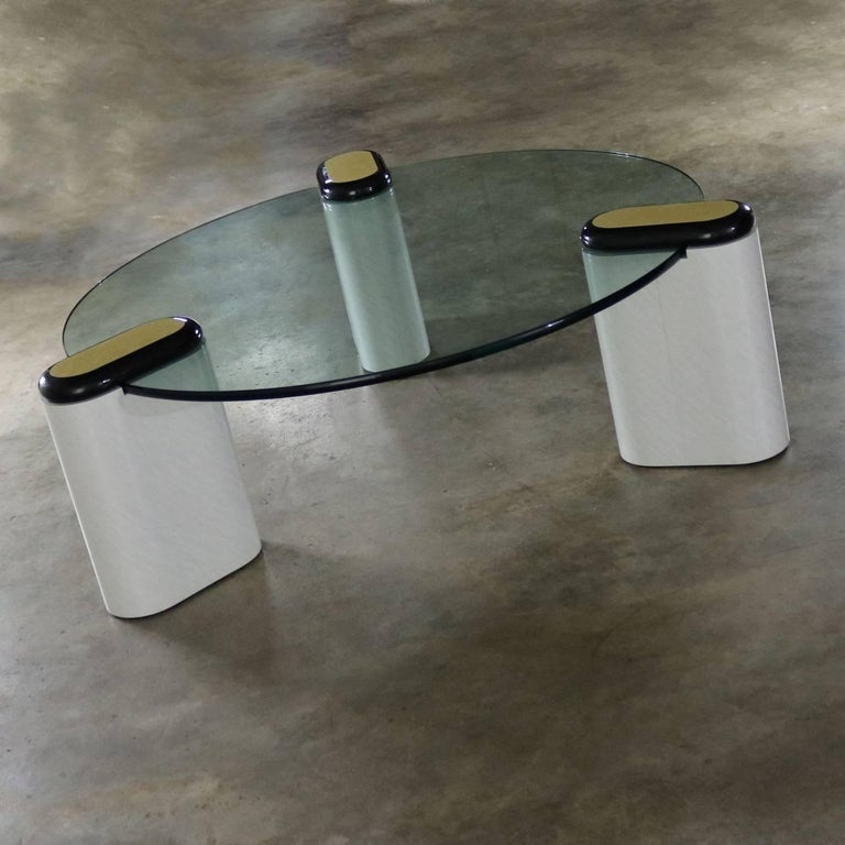 Karl Springer Style Minimalist Tri-Legged Coffee Table with Round Glass ...