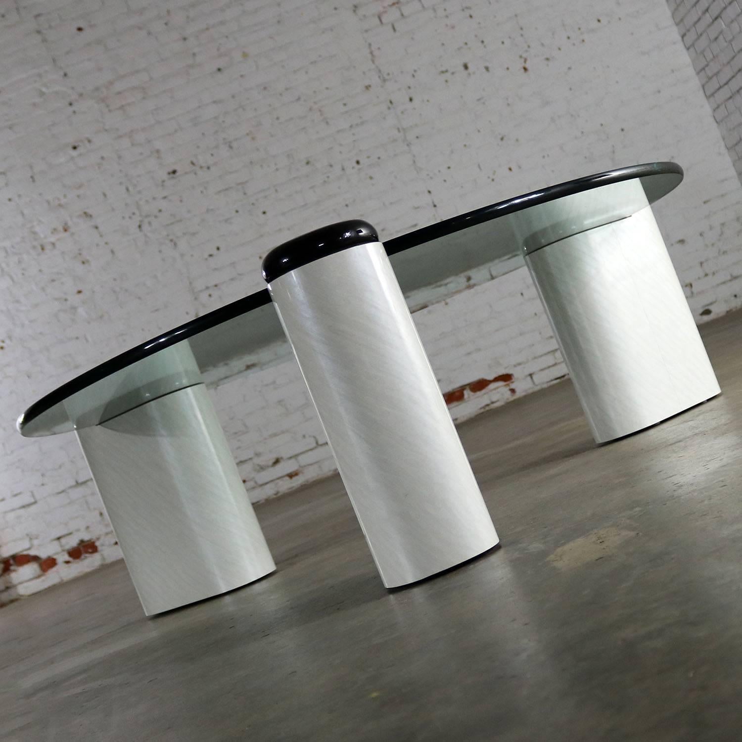 Karl Springer Style Minimalist Tri-Legged Coffee Table with Round Glass ...