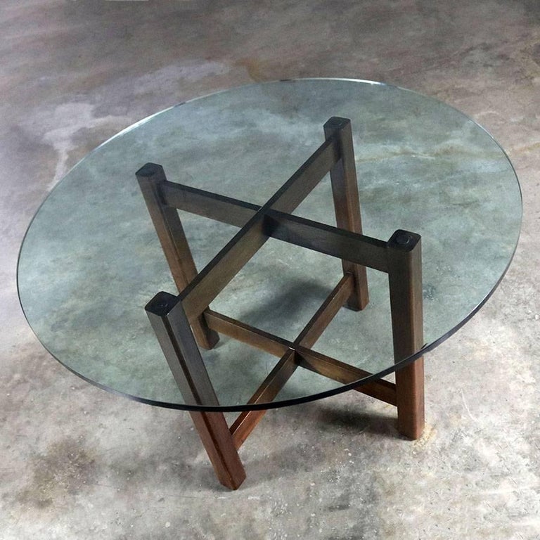Modernist X-Base Dining Room Table with Round Glass Top at 1stDibs