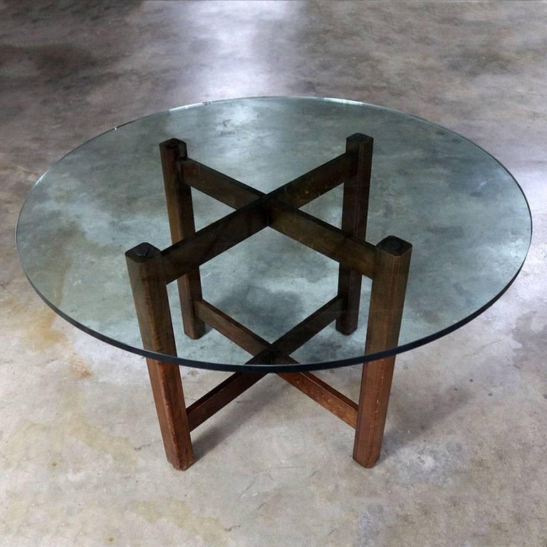 Modernist X-Base Dining Room Table with Round Glass Top at 1stDibs