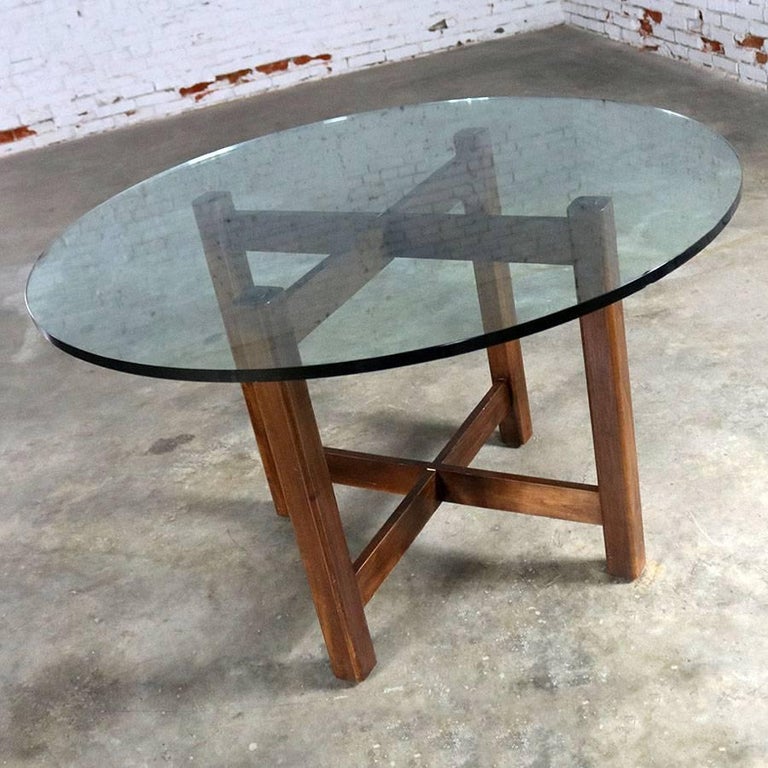 Modernist X-Base Dining Room Table with Round Glass Top at 1stDibs