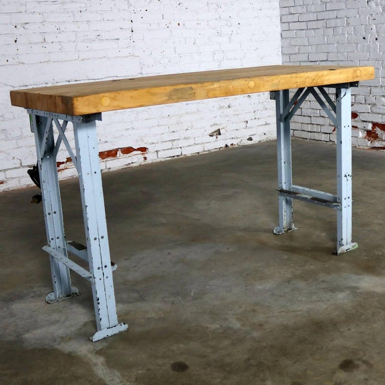 American Industrial Work Table Wood Top Steel Base Vintage at 1stDibs