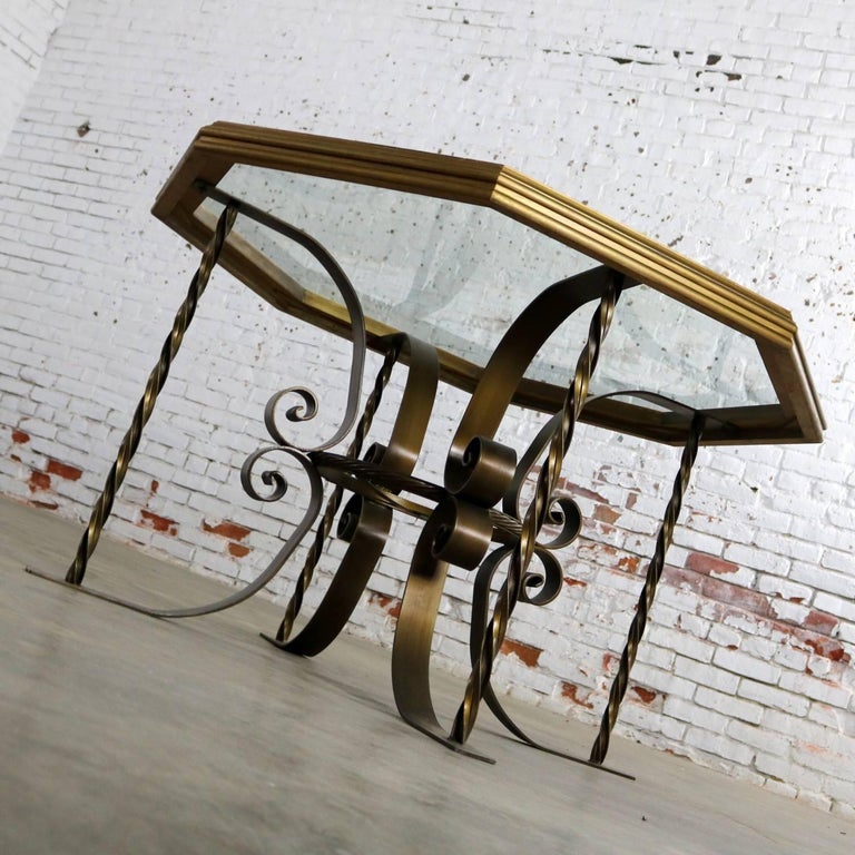 Hollywood Regency Wrought Iron Dining Table Octagon Gilded Wood Rimmed ...
