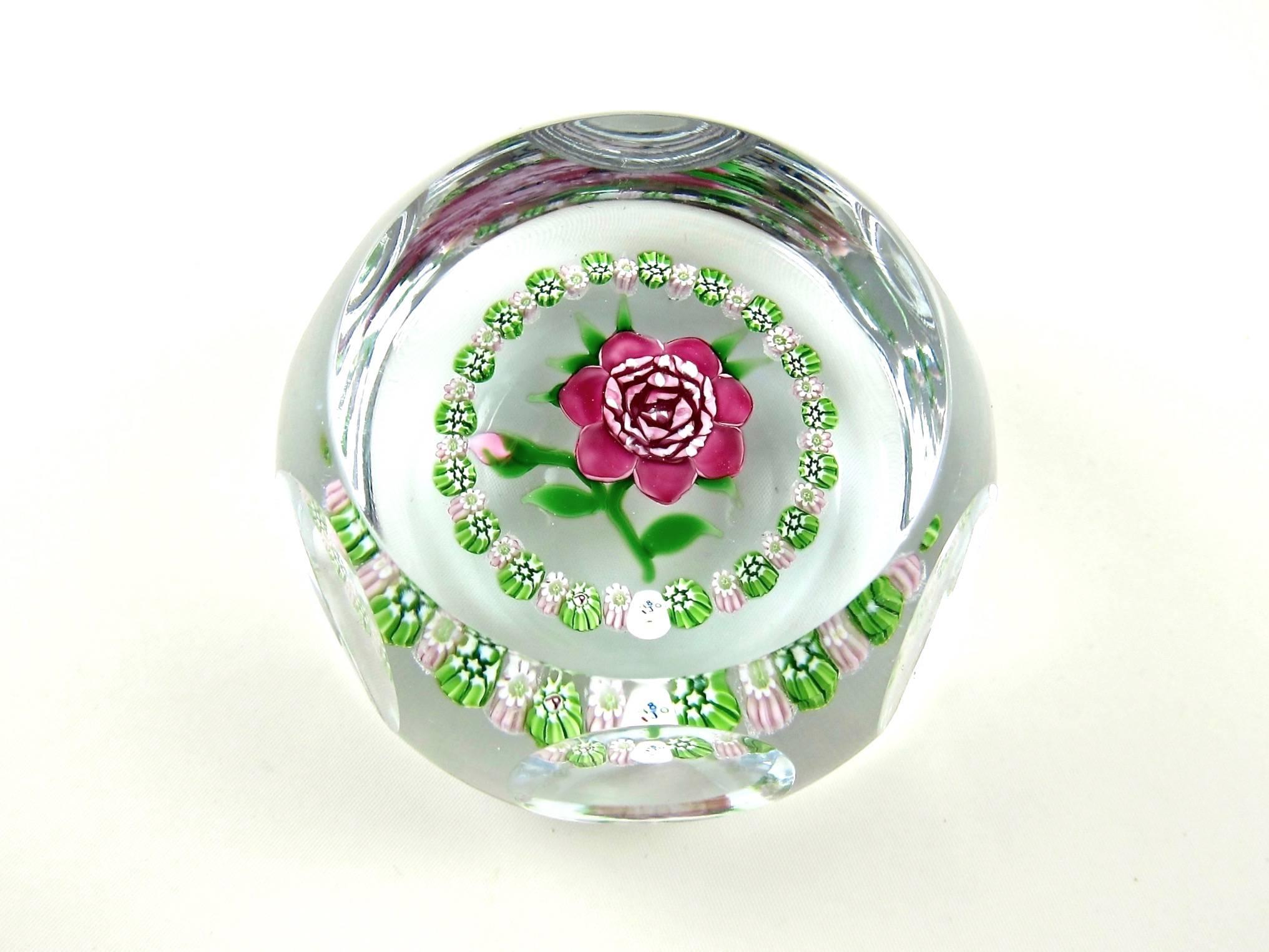 Limited Edition Faceted Rose Paperweight with Millefiori Garland, J ...
