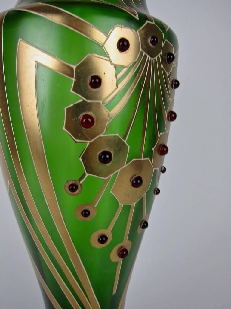 Antique Jeweled and Enameled Secessionist Green and Gold Glass Vase at ...