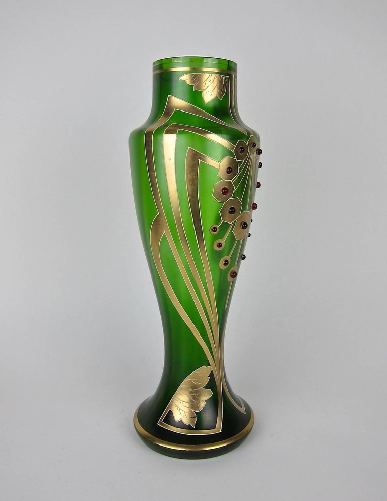 Antique Jeweled and Enameled Secessionist Green and Gold Glass Vase at ...