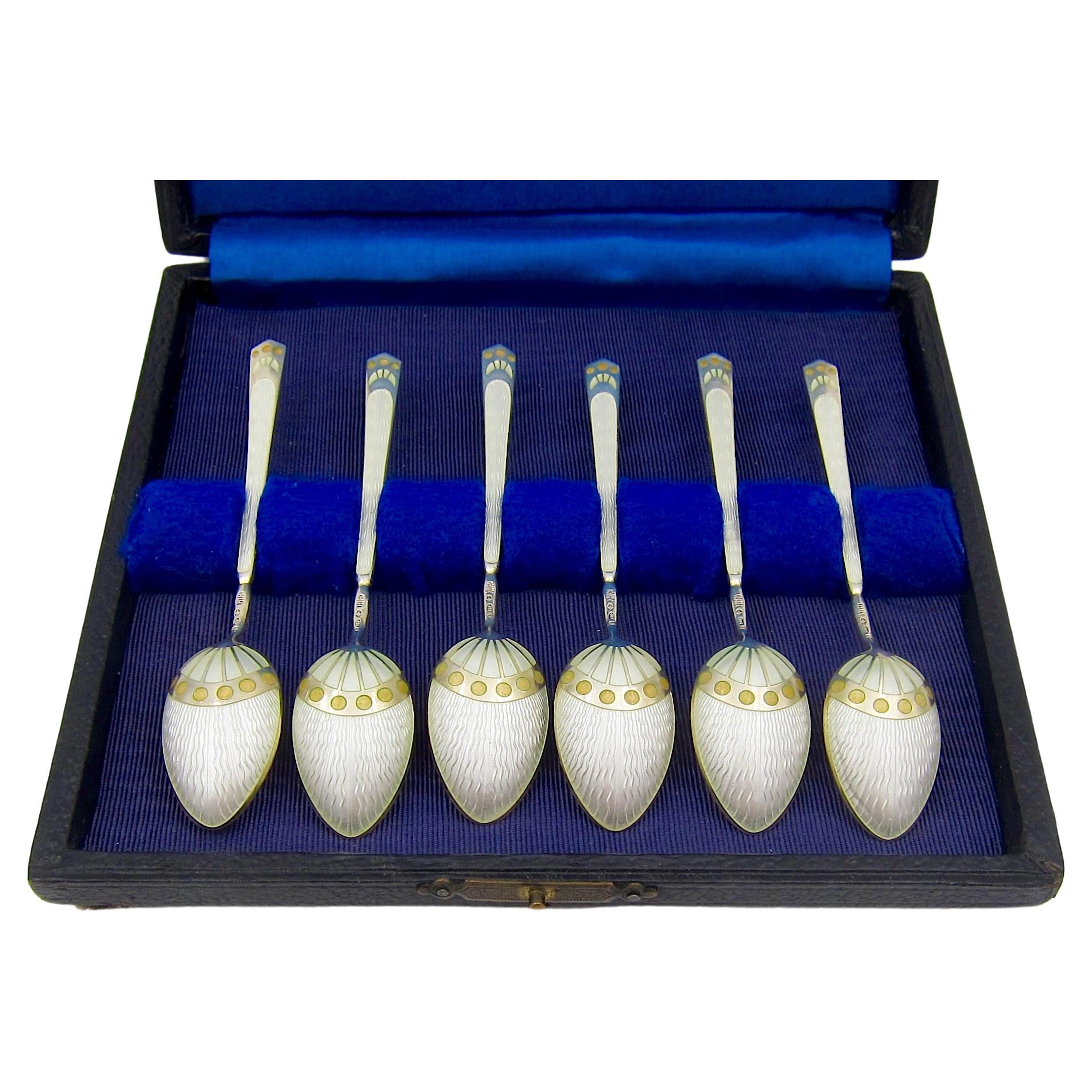 Art Deco Sterling Silver Enamel Spoon Boxed Set by Henry James Hulbert ...