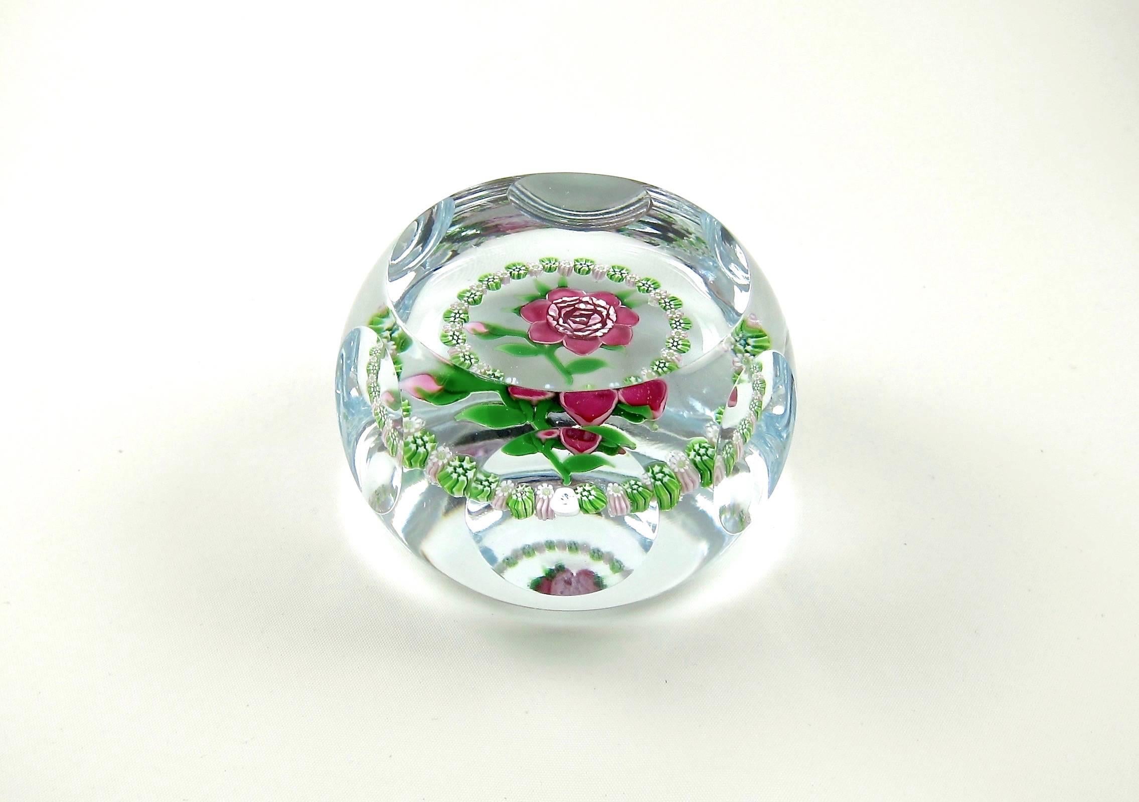 Limited Edition Faceted Rose Paperweight with Millefiori Garland, J ...