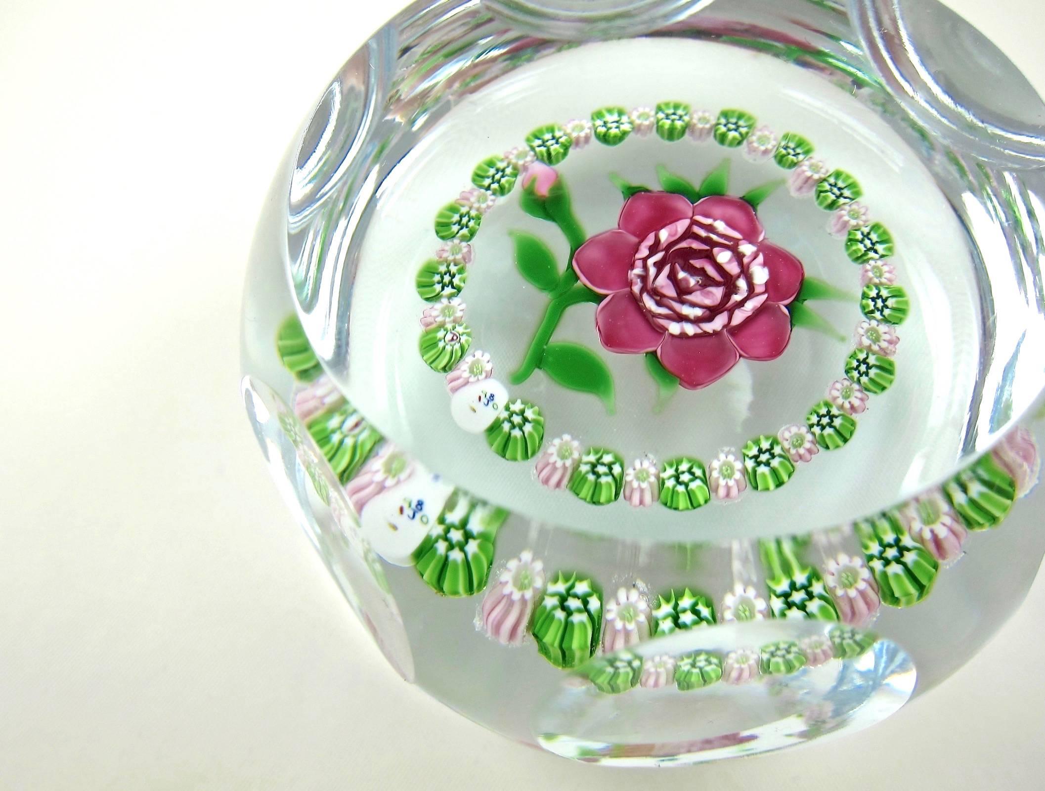 Limited Edition Faceted Rose Paperweight with Millefiori Garland, J ...