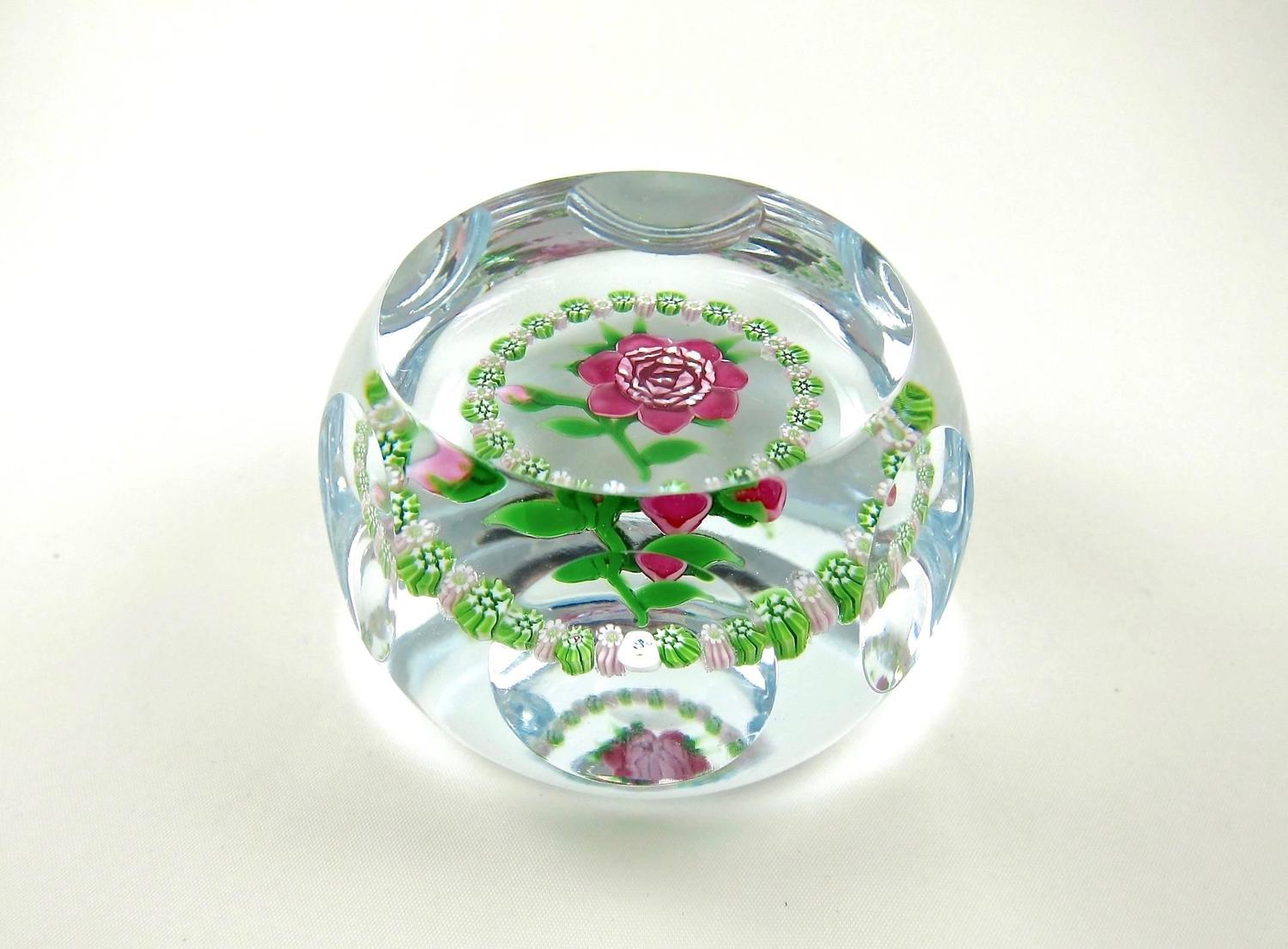 Limited Edition Faceted Rose Paperweight with Millefiori Garland, J ...