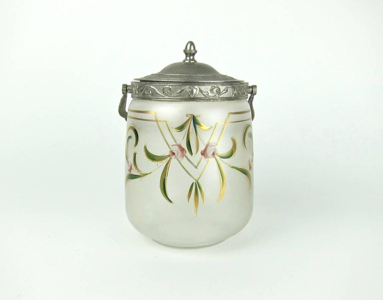 Antique Glass Biscuit Barrel / Cookie Jar with Art Nouveau Enamel ...