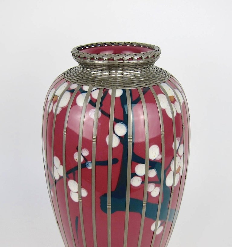Early 20th Century Japanese Glazed Pottery Prunus Vase with Basket ...