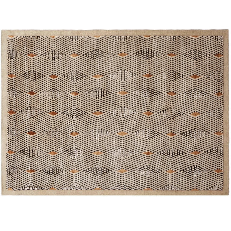 Diamond Hand-Knotted Viscose and Wool Geometric Rug with Border For ...
