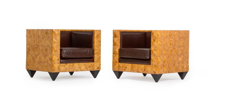 Stunning Pair of Unusual Burr Walnut Geometric Pyramid Armchairs. For ...
