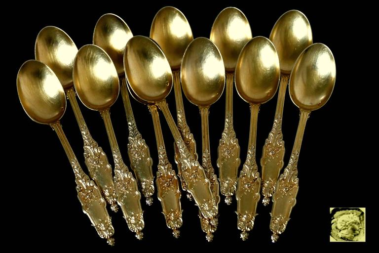 Puiforcat French Sterling Silver 18k Gold Tea Spoons Set 12 pc Box ...