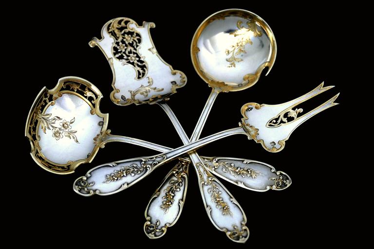 Debain Rare French All Sterling Silver 18-Karat Gold Dessert Set Four ...