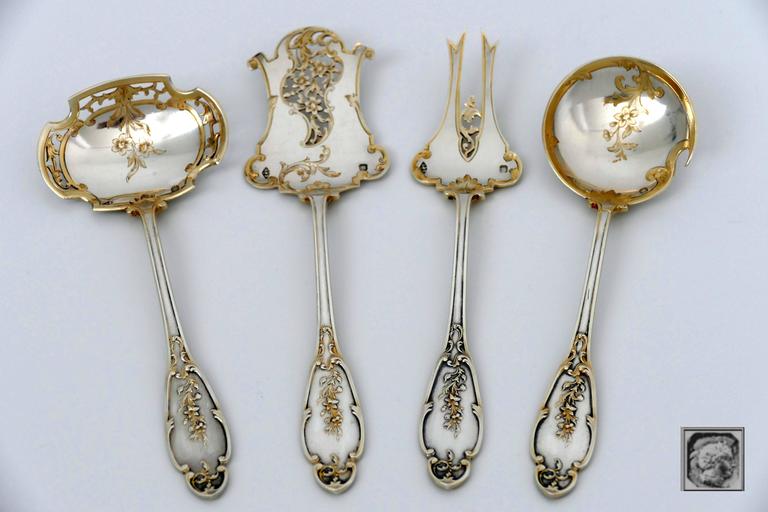 Debain Rare French All Sterling Silver 18-Karat Gold Dessert Set Four ...