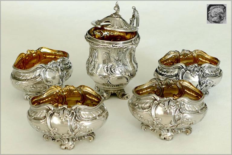 Rare French Sterling Silver 18k Gold Condiment Set, Salt Cellars ...