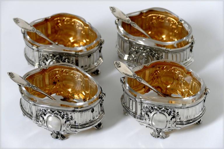Fabulous French Sterling Silver 18-Karat Gold Four Salt Cellars, Spoons ...