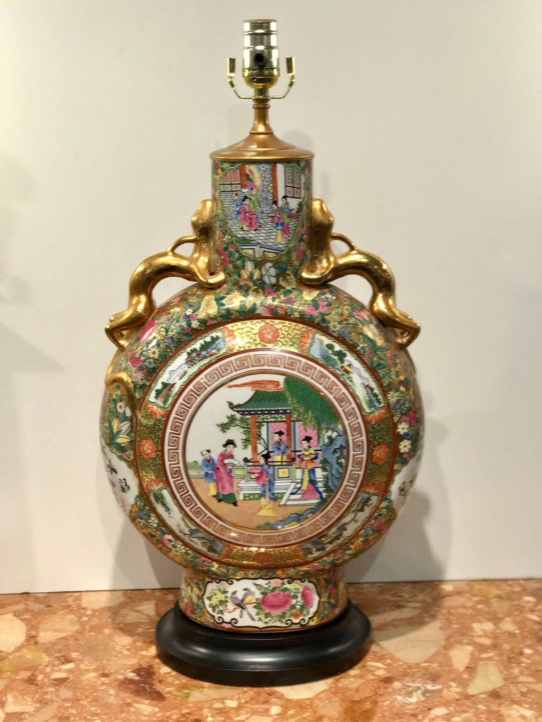 Pair of Rose Medallion Moon Flask Vases, Now as Lamps For Sale at 1stDibs